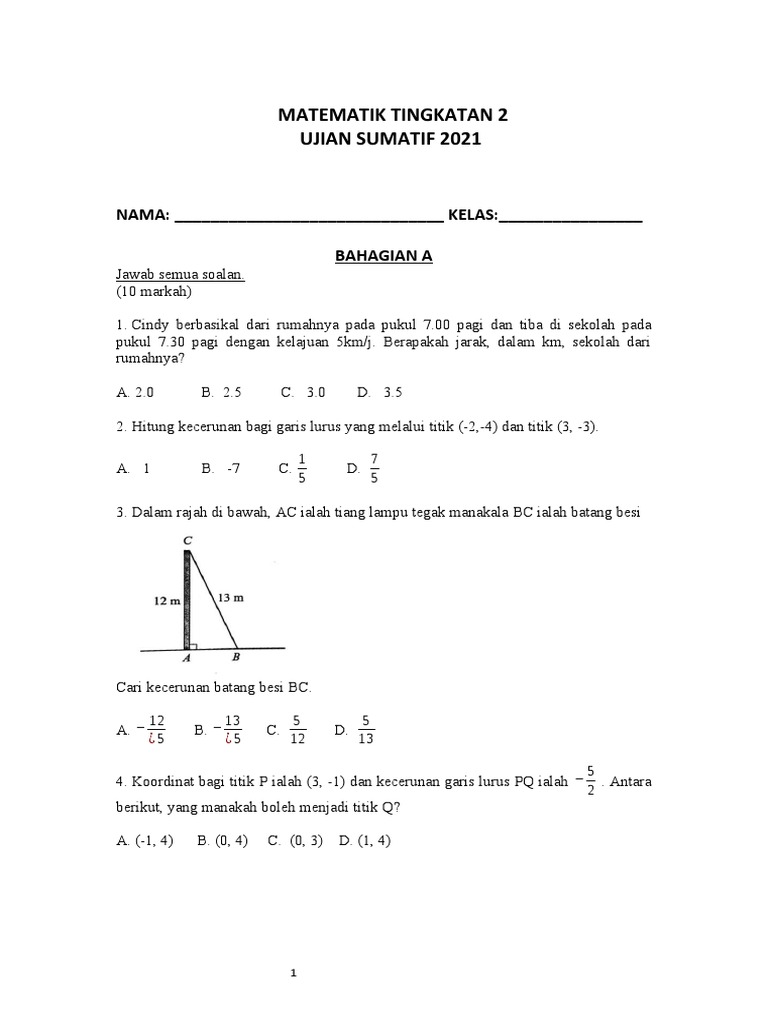 Ujian Sumatif 2021 Tingkatan 2 Matematik | PDF