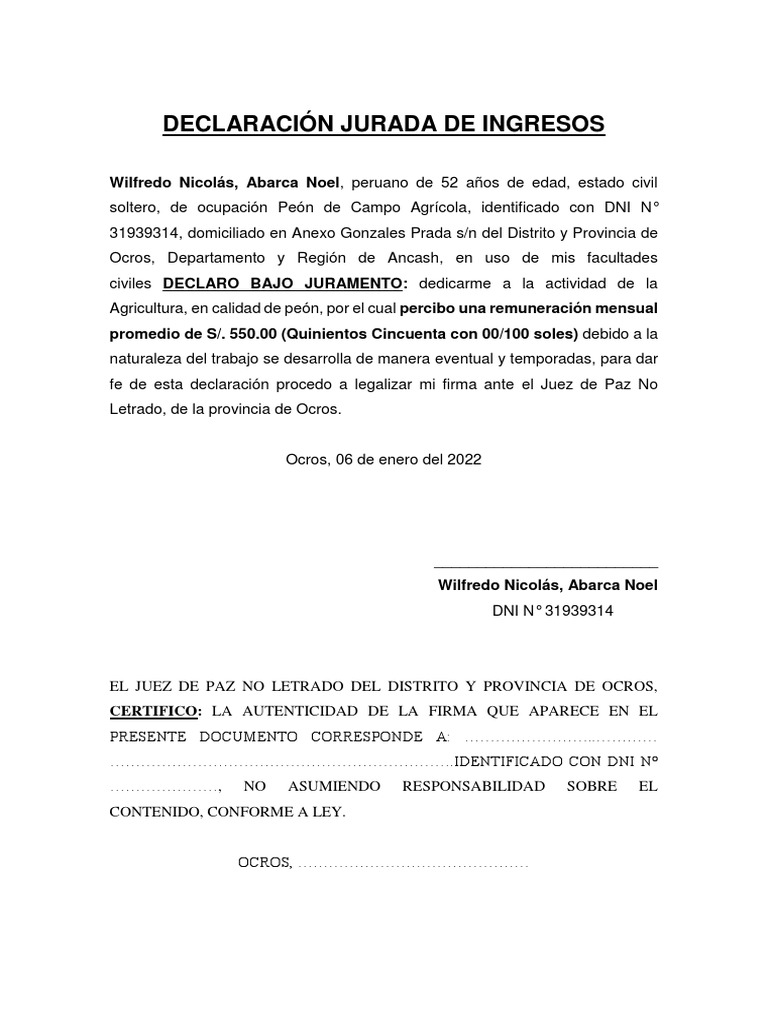 Declaración Jurada de Ingresos | PDF