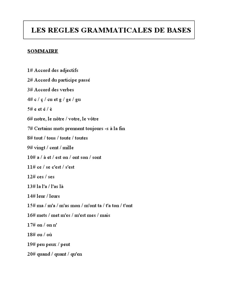Les Regles Grammaticales de Bases | PDF | Genre grammatical | Nombre ...