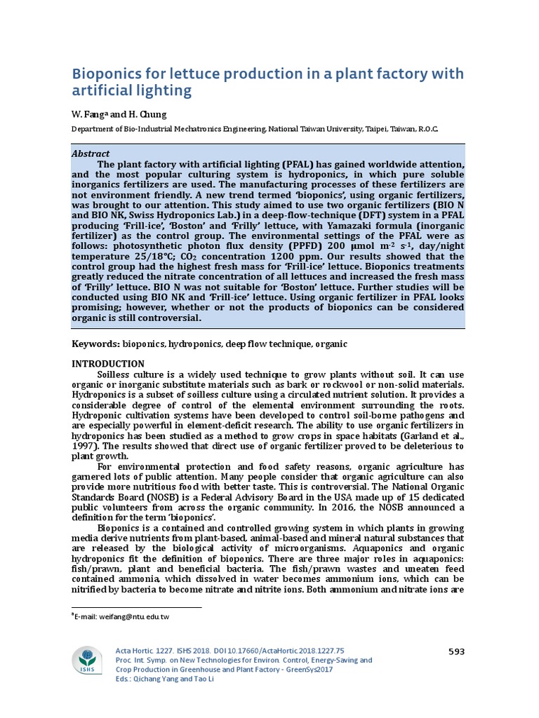 Bioponics For Lettuce Production in A Plant Factory With Artificial ...