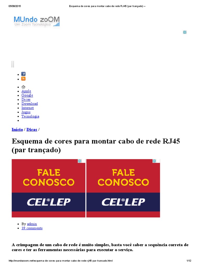 Esquema de Cores para Montar Cabo de Rede RJ45 (Par Trançado) | PDF ...