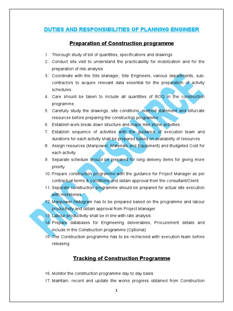 Roles And Responsibilities Of Planning Engineer Pdf Business
