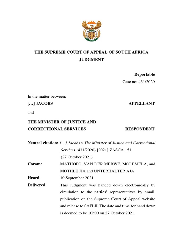 Jacobs V Minister of Justice (2021) ZASCA 151 | Download Free PDF ...