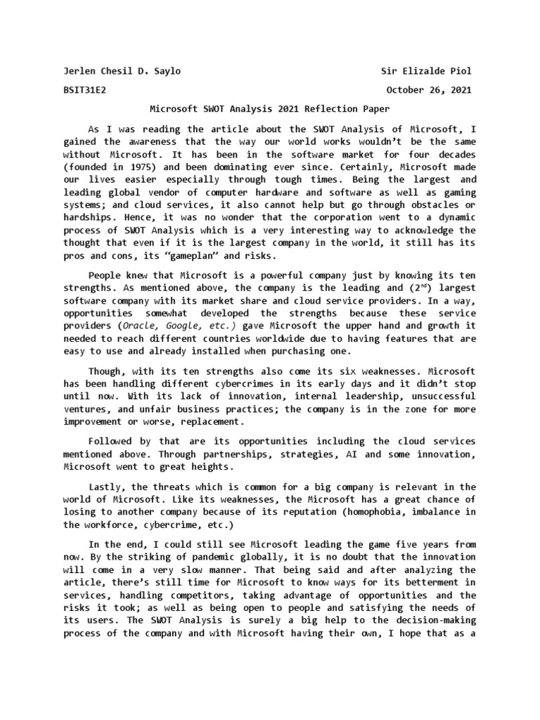 SWOTANALYSIS Reflection Paper | PDF | Swot Analysis | Cloud Computing