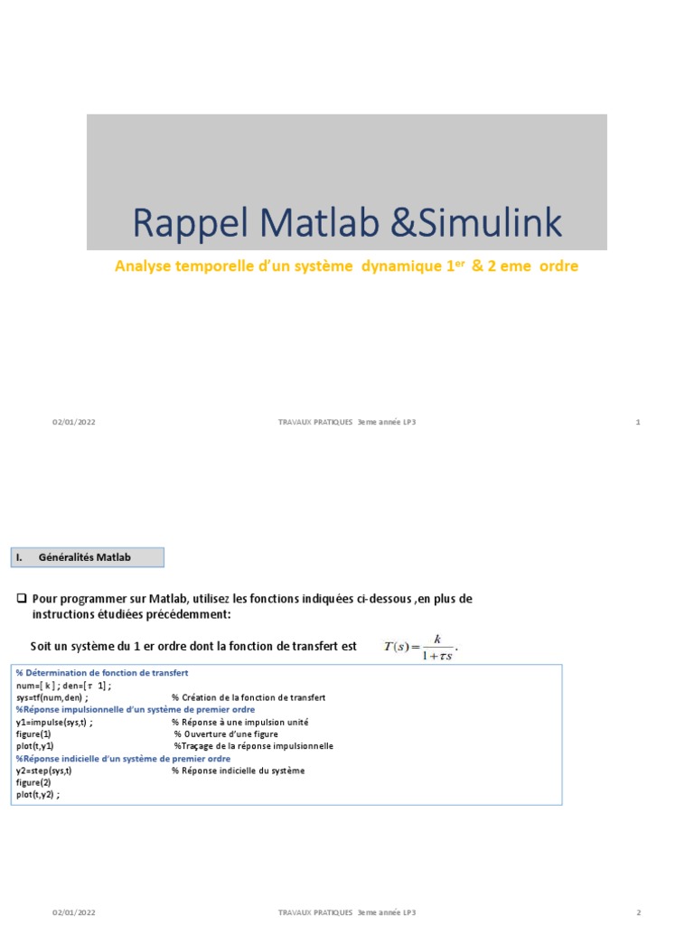RAPPEL Matlab Et Simulink | PDF | Mécanique | Théorie des systèmes