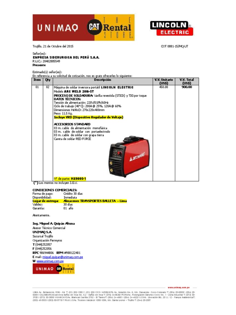 Cot - 0881 - 15-Arc Weld 200i-St-Empresa Siderurgica Del Peru S A A | PDF