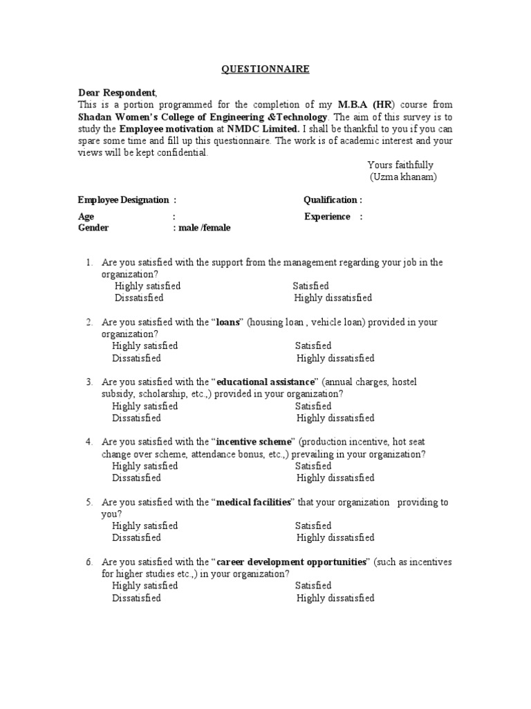 Questionnaire | PDF | Performance Appraisal | Motivation