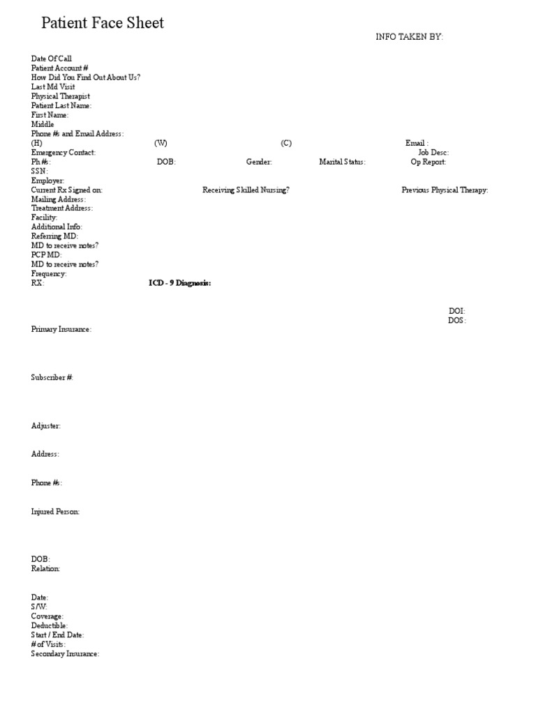 Patient Face Sheet Template | PDF | Physical Therapy | Surgery