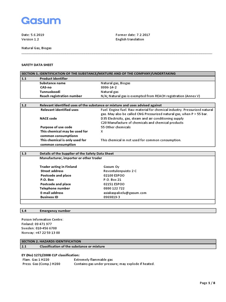 Biogas Safety Data Sheet Overview | PDF | Dangerous Goods | Toxicity