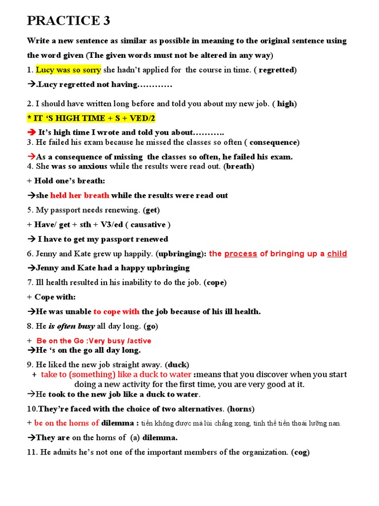 Writing 3 Sentence Transformation - Keys | PDF