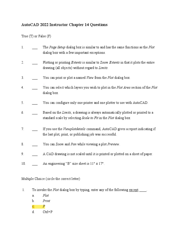 AutoCAD 2022 Chapter 14 Review Questions | PDF | Printer (Computing ...