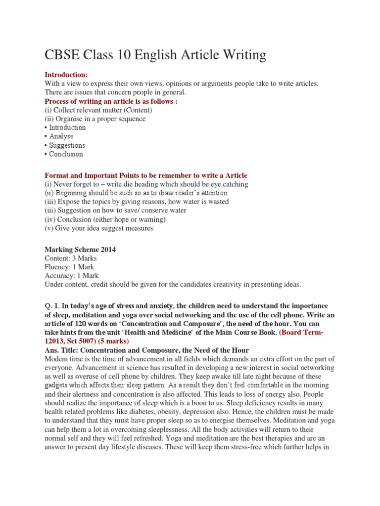 CBSE Class 10 English Article Writing | PDF | Obesity | Foods