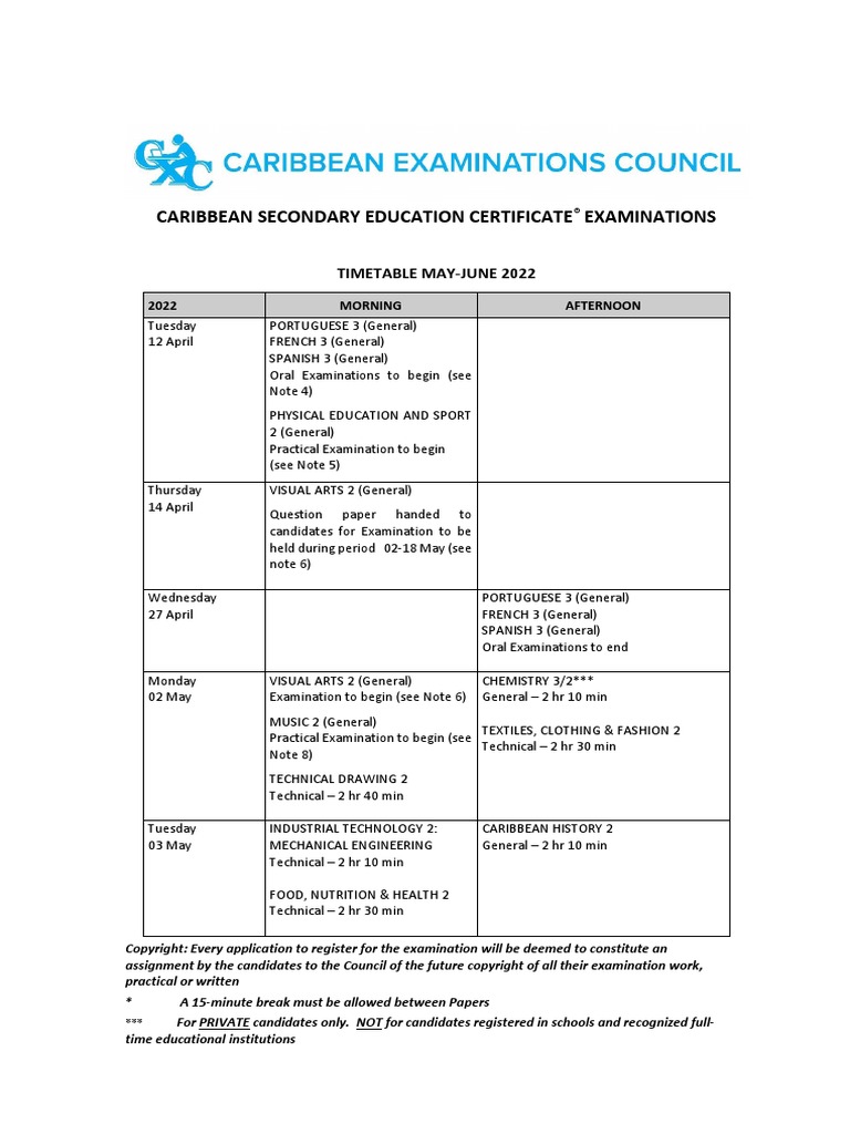 CSEC Timetable-May-June 2022 | PDF | Test (Assessment) | Engineering