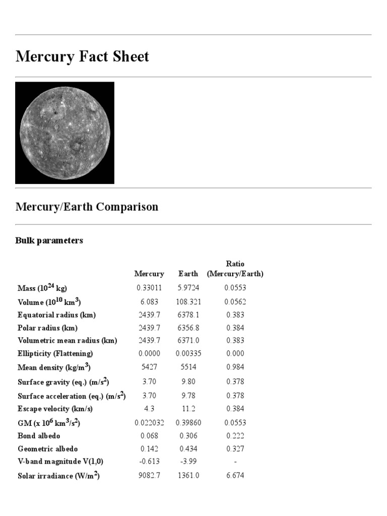 Mercury Fact Sheet | PDF | Mercury (Planet) | Orbit