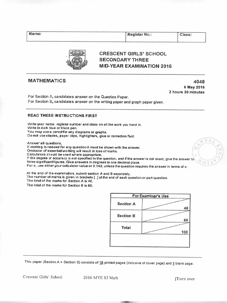 Sec 3 E Math Crescent Girls SA1 2016 | PDF | Computers