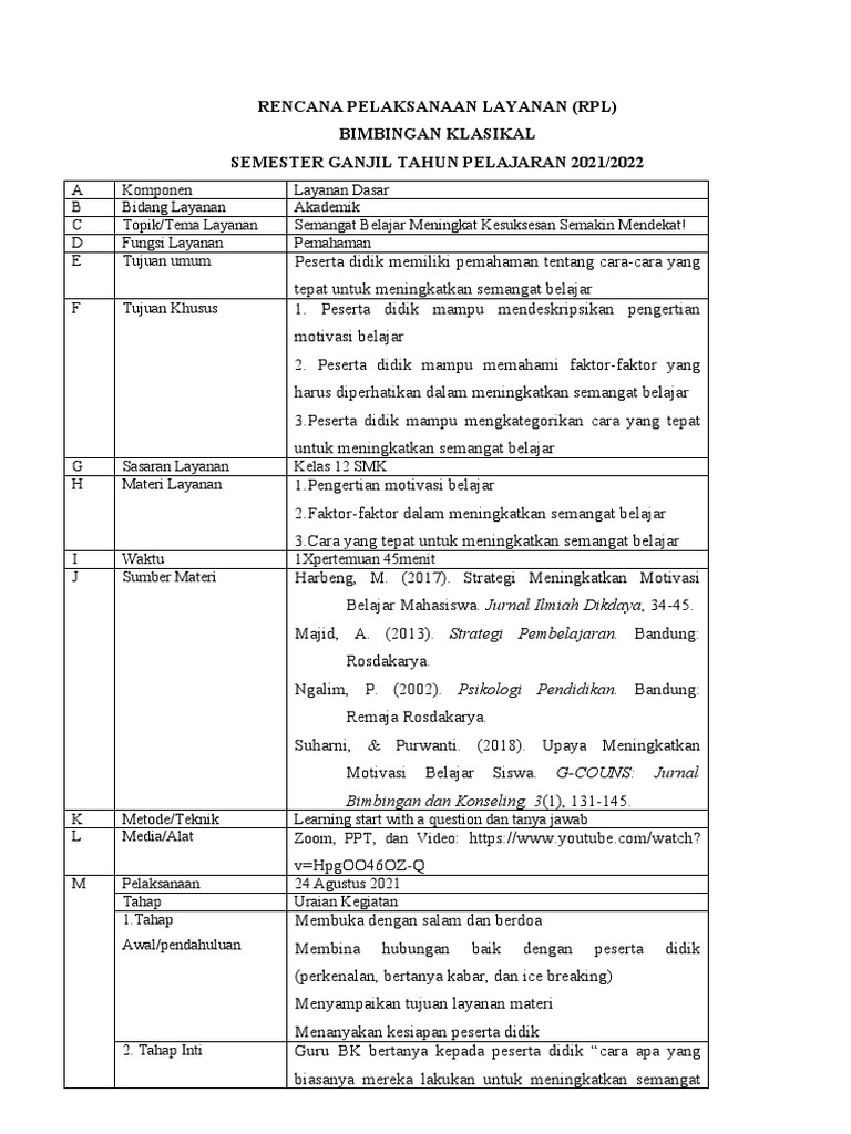 Contoh RPL Bimbingan Klasikal Bidang Akademik | PDF