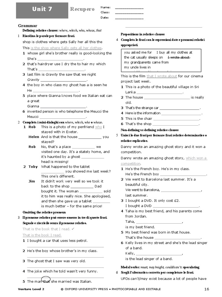 Venture l2 Unit 7 Recupero | PDF | Linguistics | Grammar