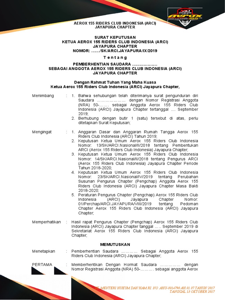 Draft SK Pemberhentian Anggota ARCI Chapter | PDF