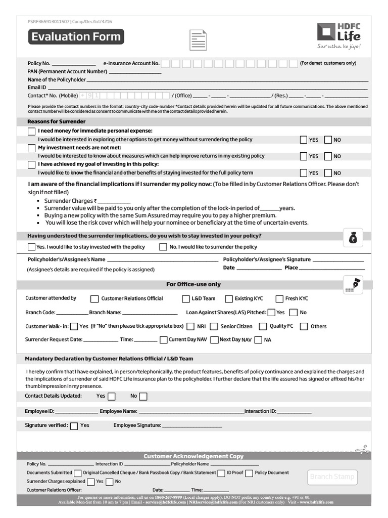 Evaluation Form: Reasons For Surrender | PDF | Insurance | Taxes