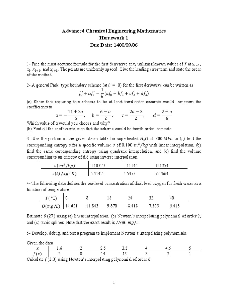 Advanced Chemical Engineering Mathematics Homework 1 Due Date: 1400/09 ...