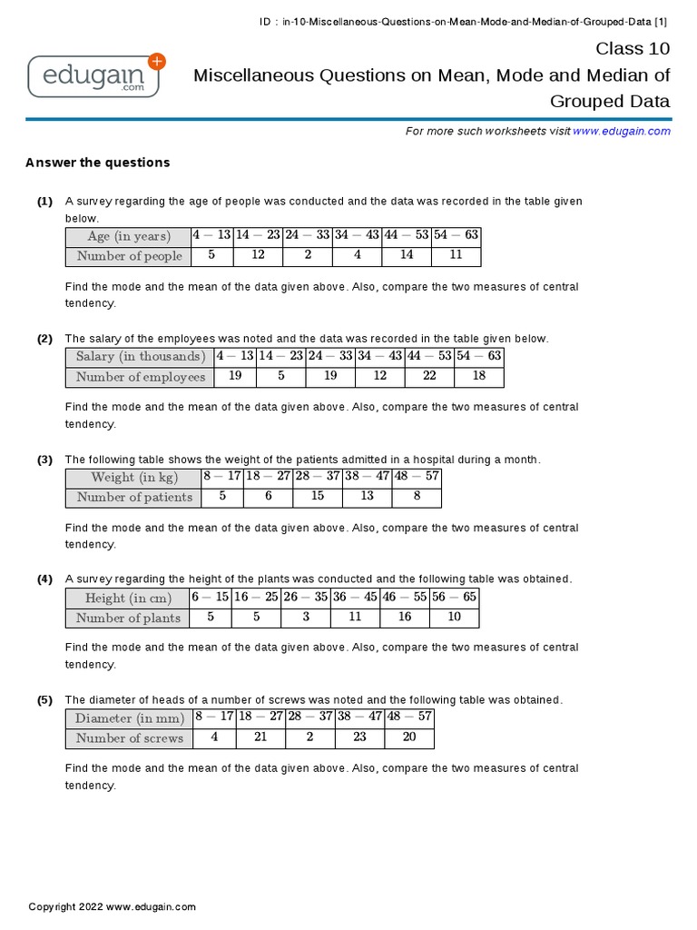 Grade 10 Miscellaneous Questions On Mean Mode and Median of Grouped ...