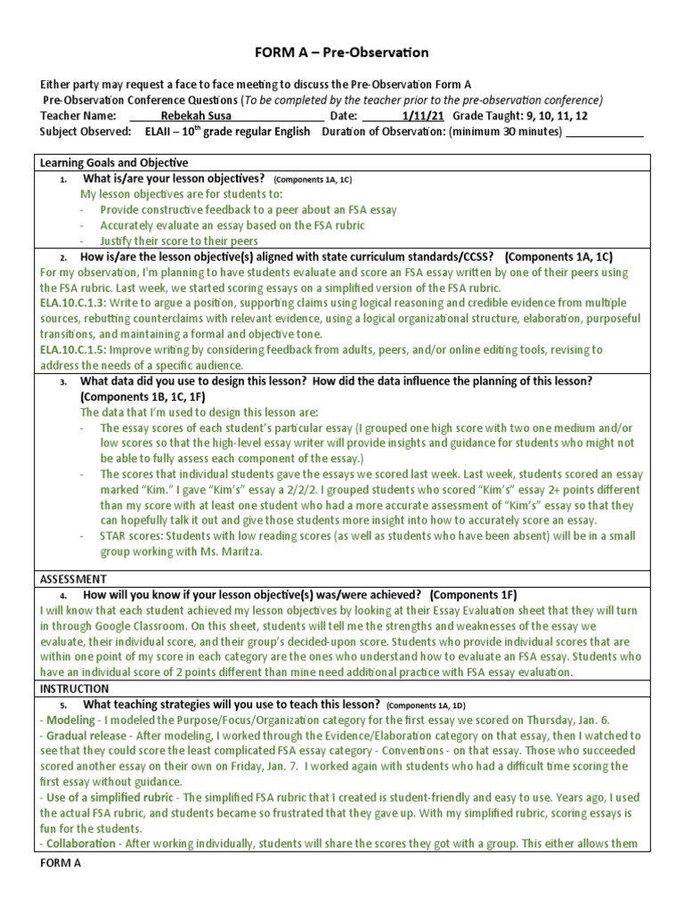 Pre-Observation Form-A | PDF | Rubric (Academic) | Essays