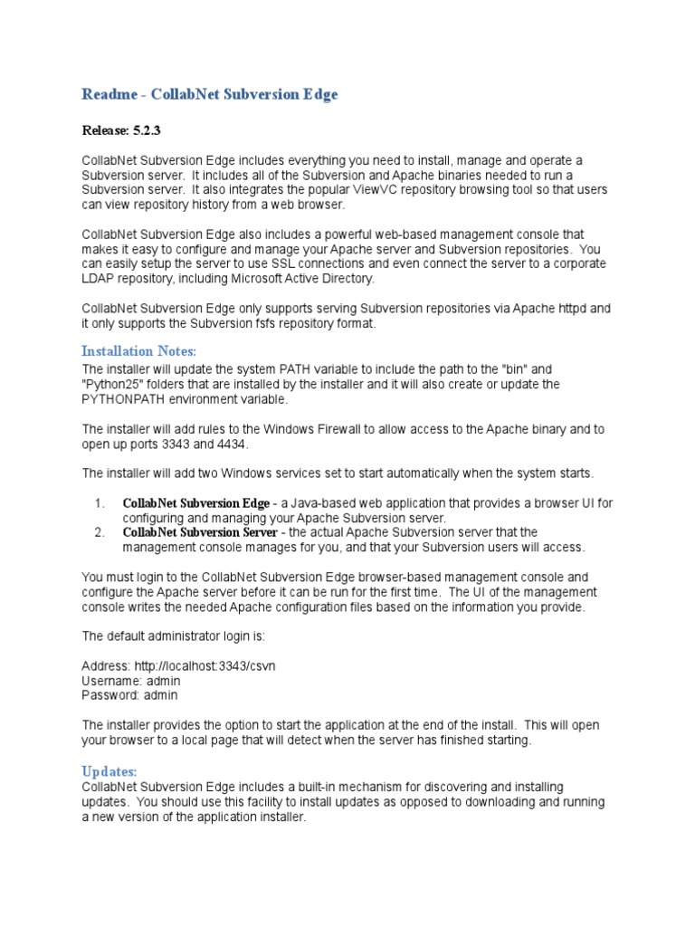 Readme - Collabnet Subversion Edge: Release: 5.2.3 | PDF | Installation (Computer Programs ...