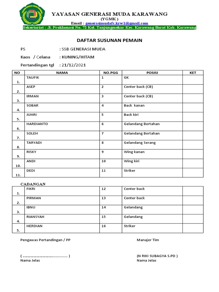 Form Daftar Susunan Pemain Ygmk | PDF