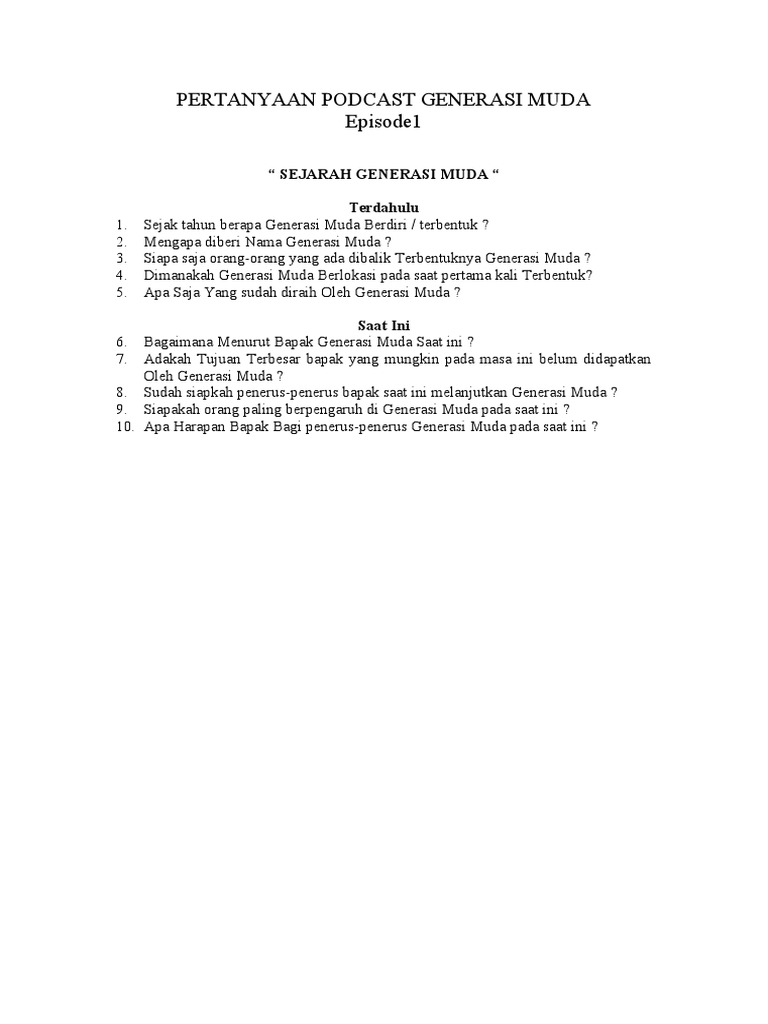 Pertanyaan Podcast Generasi Muda | PDF