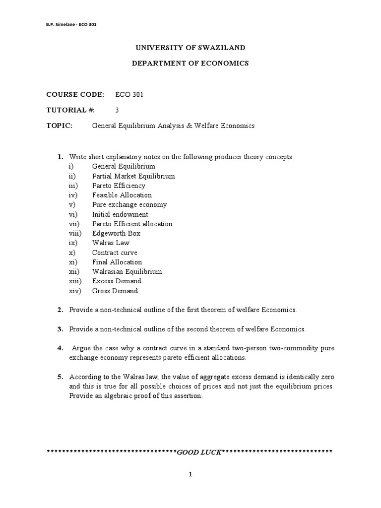 ECO 301 Tutorial 3 General Equilibrium Analysis Welfare Economics | PDF | Finance & Money Management