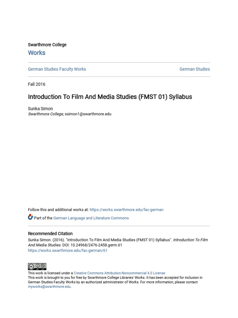 Introduction To Film and Media Studies (FMST 01) Syllabus | PDF
