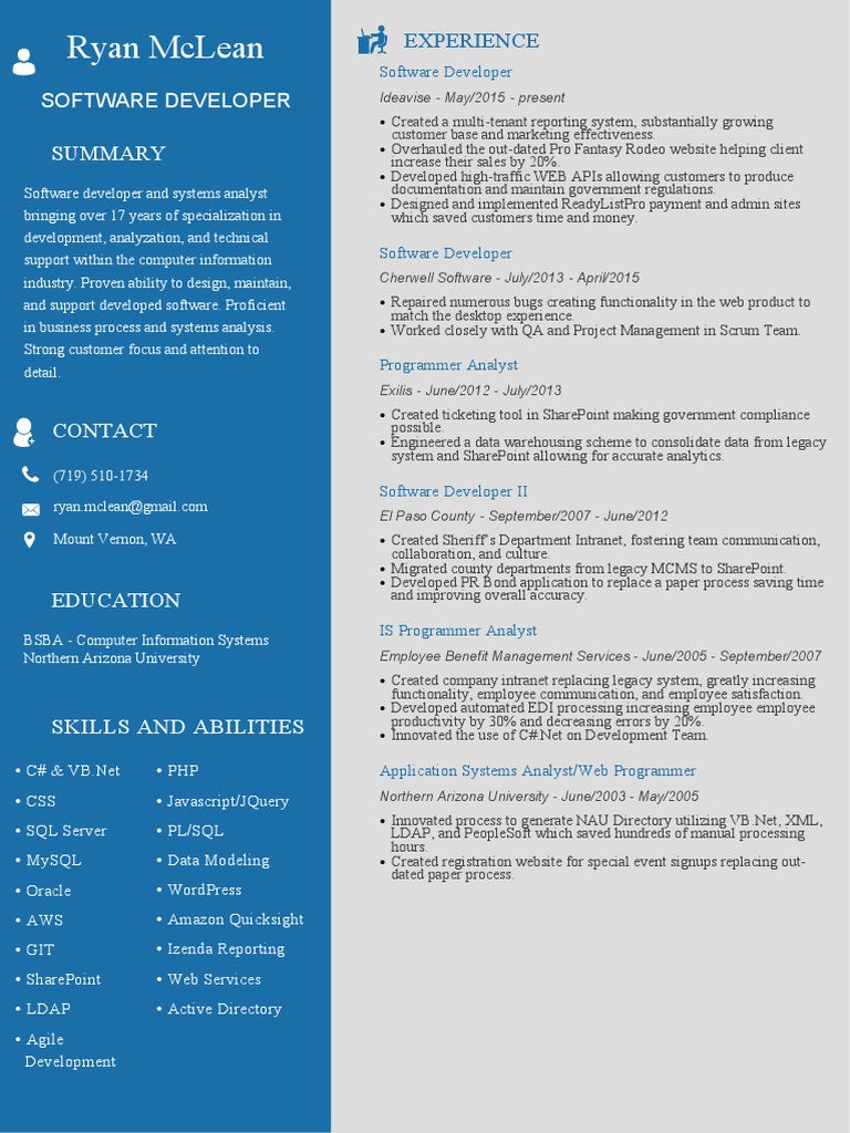 Ryan Mclean: Software Developer | PDF | Programmer | Software