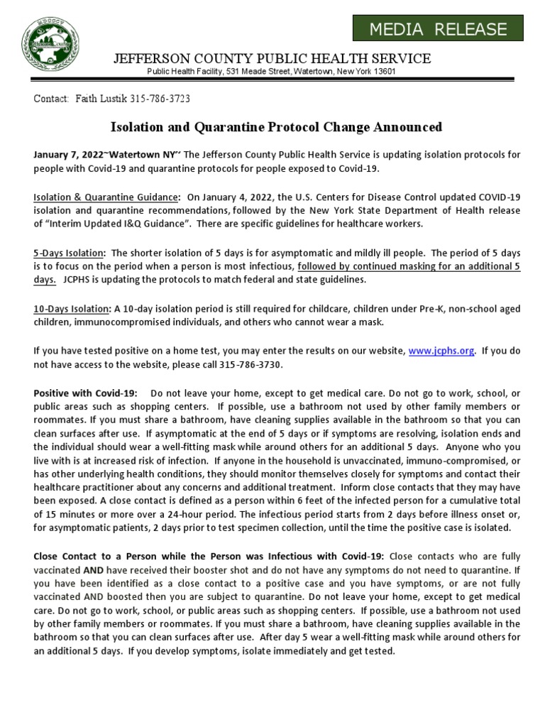 Isolation and Quarantine Protocol Changes in Jefferson County | PDF ...