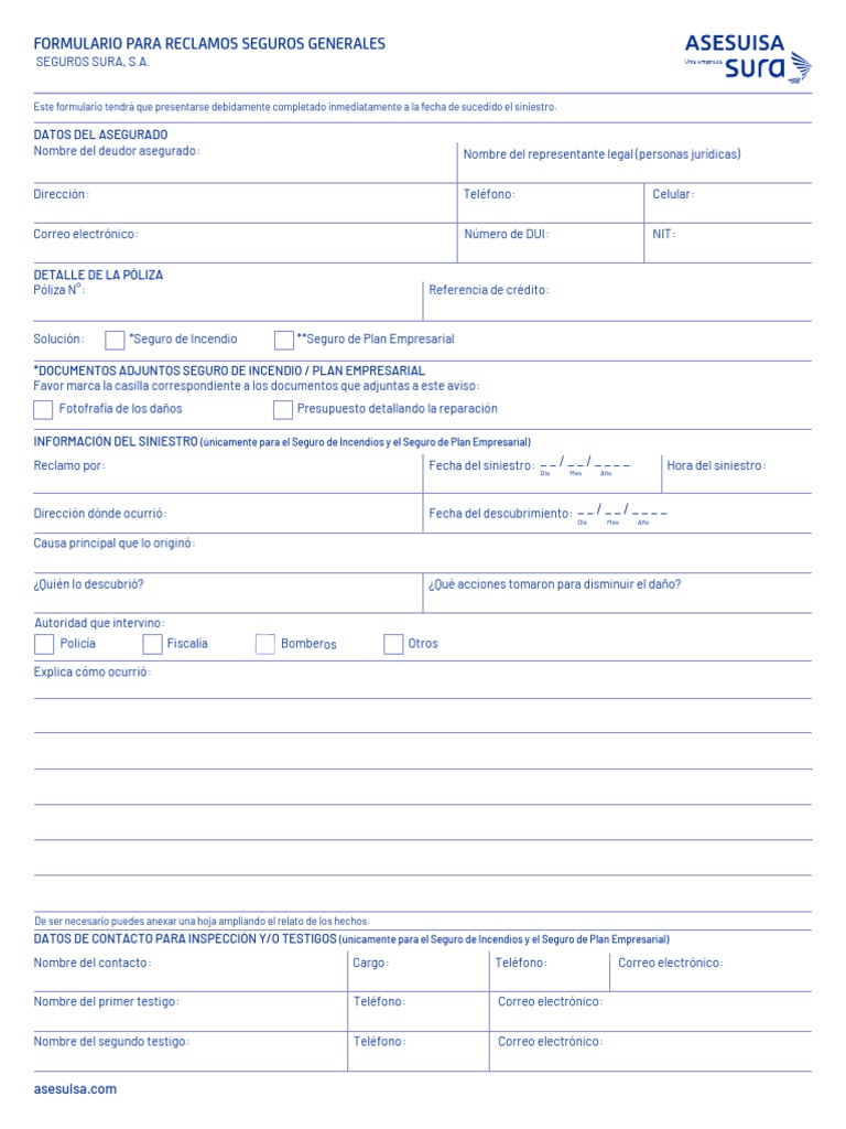 Formulario Reclamos Bancaseguros Incendio y Plan Empresarial v2 | PDF ...