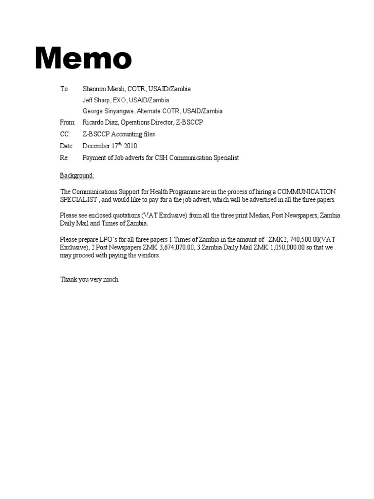 Job Advert Payment Memo for Specialist | PDF | Newspapers | News Media