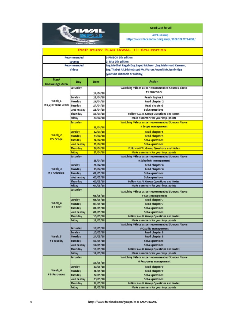 PMP Study Plan (AWAL - 1) - 6th Edition: Plan/ Knoweldge Area Day Date ...