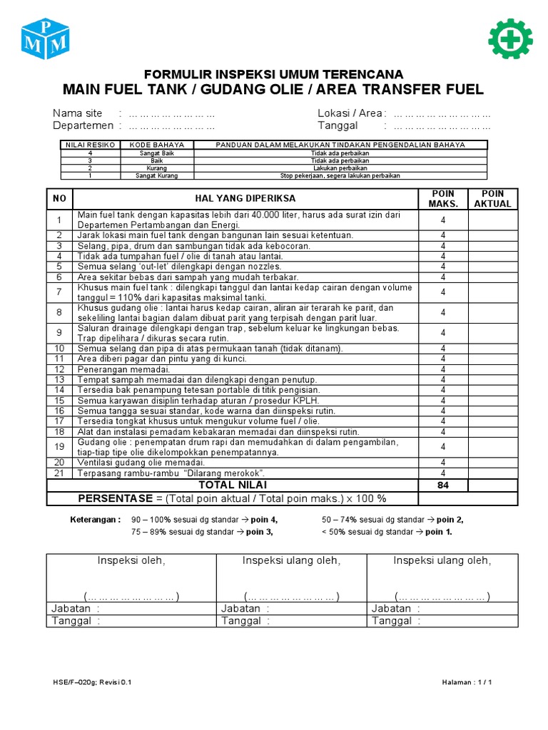 FM - HS - 015 - Inspeksi Main Fuel Tank & Gudang Olie | PDF