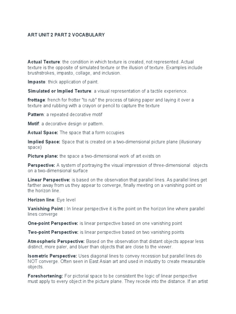 Art Unit 2 Part 2 Vocabulary | PDF | Perspective (Graphical) | Vision