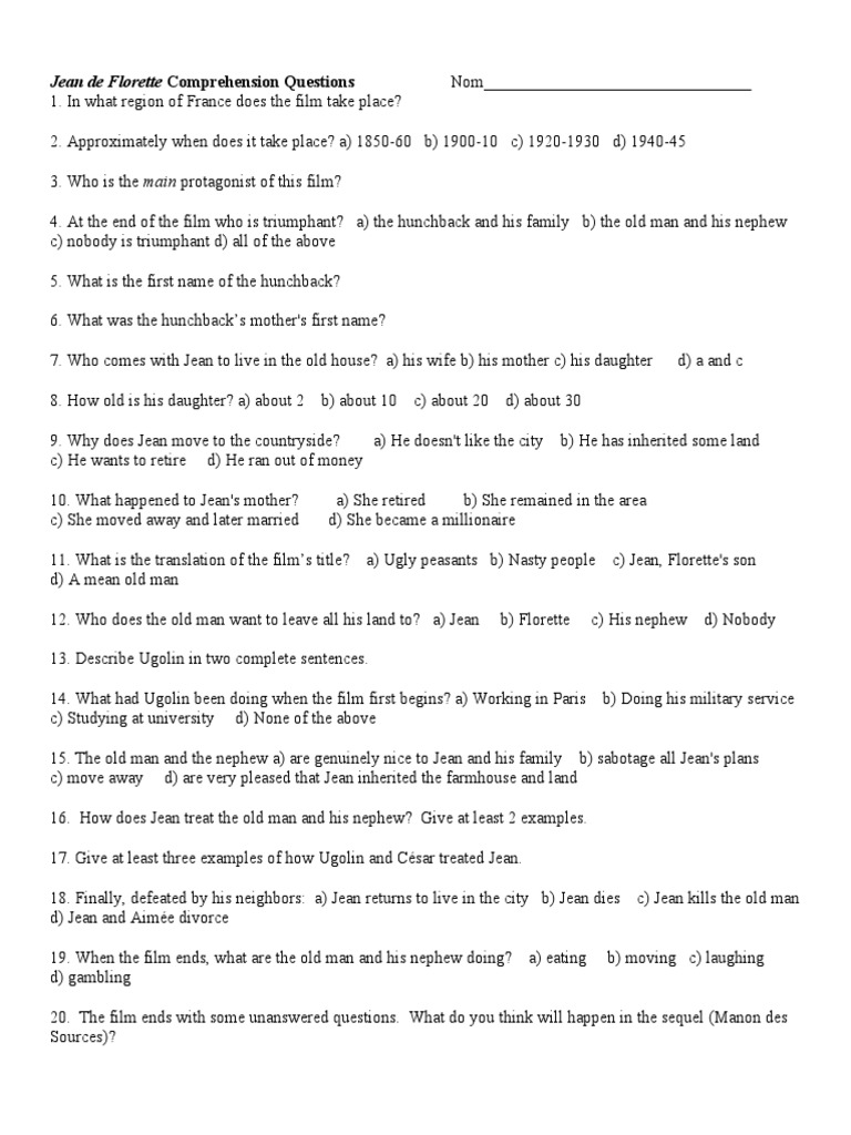 Jean de Florette Comprehension Questions | PDF