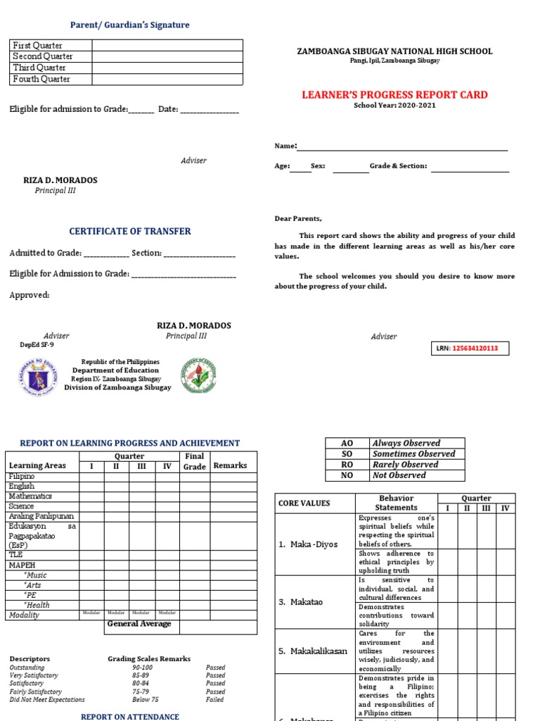 Learner'S Progress Report Card: First Quarter Second Quarter Third ...