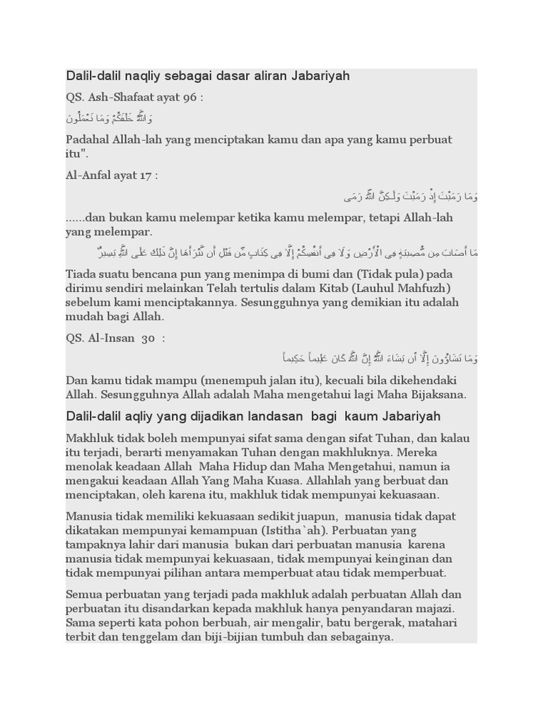 Dalil Aqli Naqli Qodariyah Dan Jabariyah | PDF