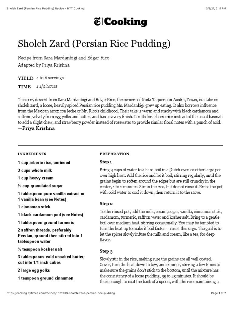 Sholeh Zard (Persian Rice Pudding) Recipe - NYT Cooking | PDF | Iranian ...