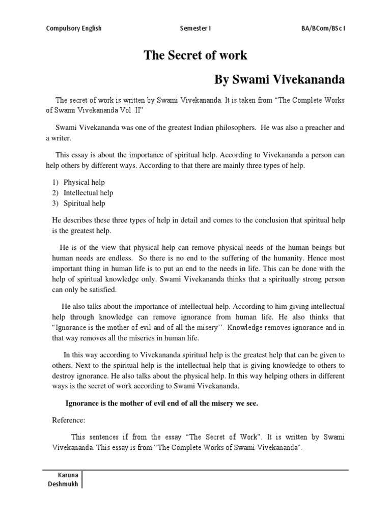The Secret of Work by Swami Vivekananda: Compulsory English Semester I ...