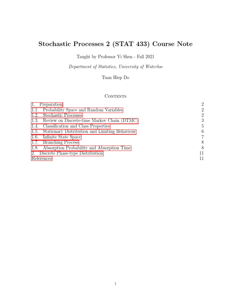 Stochastic Processes 2 (STAT 433) Course Note | PDF | Stochastic Process | Probability Distribution