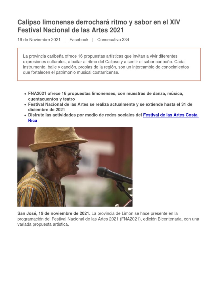 Calipso Limonense Derrochara Ritmo y Sabor en El XIV Festival Nacional ...