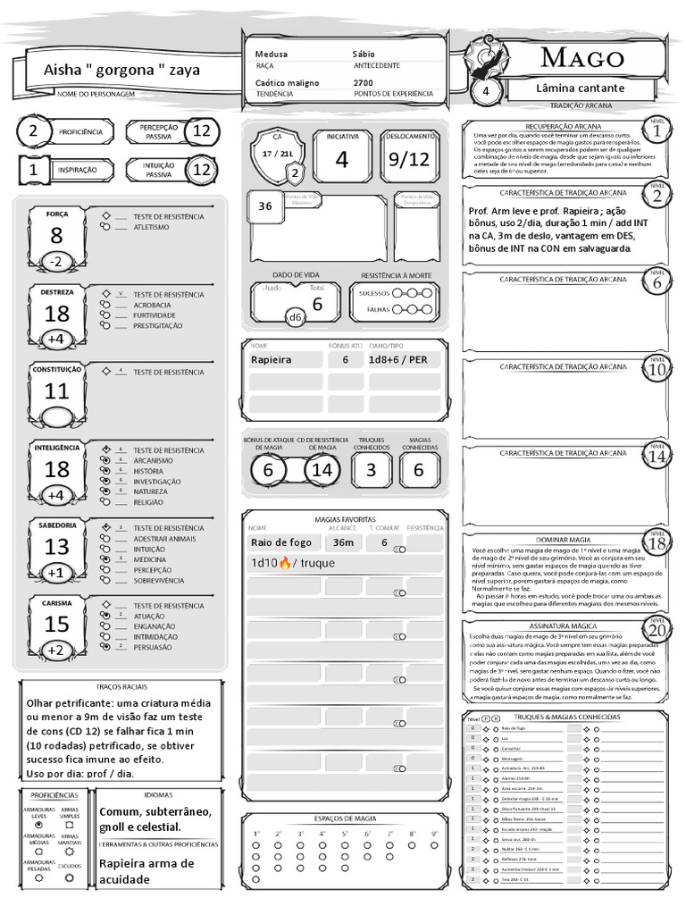 DnD 5e - Ficha - Mago - Editável | PDF