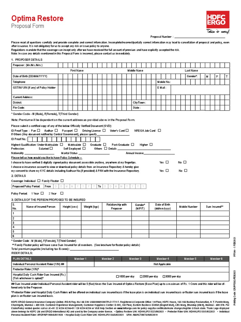 Optima Restore: Proposal Form | PDF | Insurance | Cheque