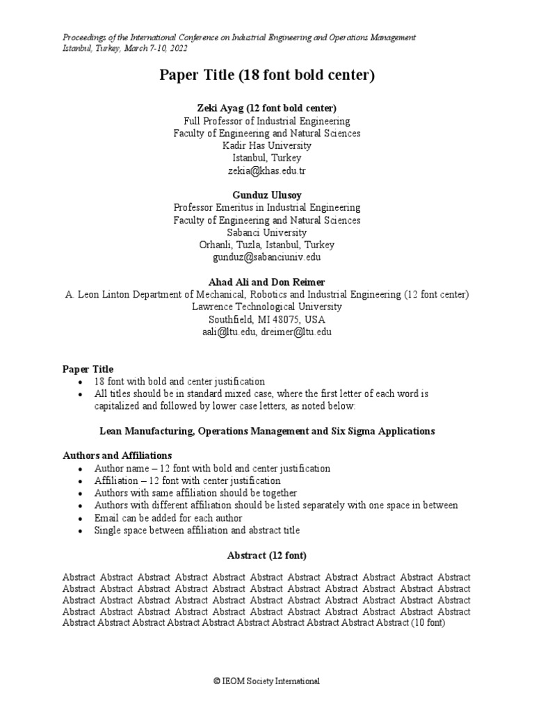 IEOMpaper Template-Istanbul2022 | PDF | Engineer | Engineering