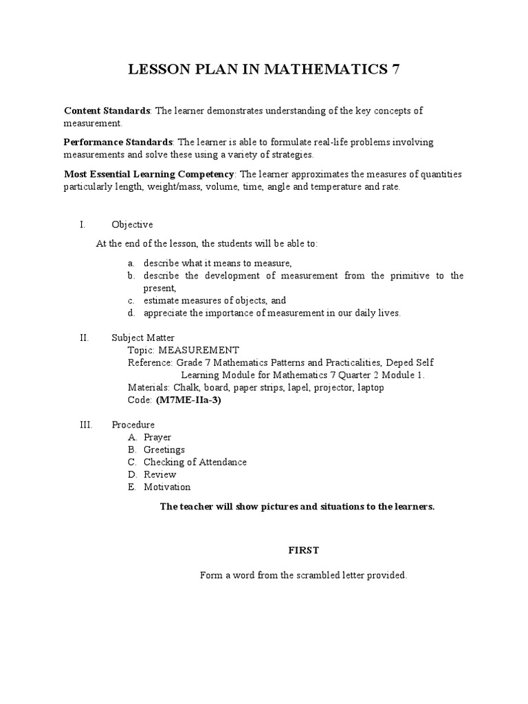 Lesson Plan in Mathematics 7 | PDF | Measurement | International System ...