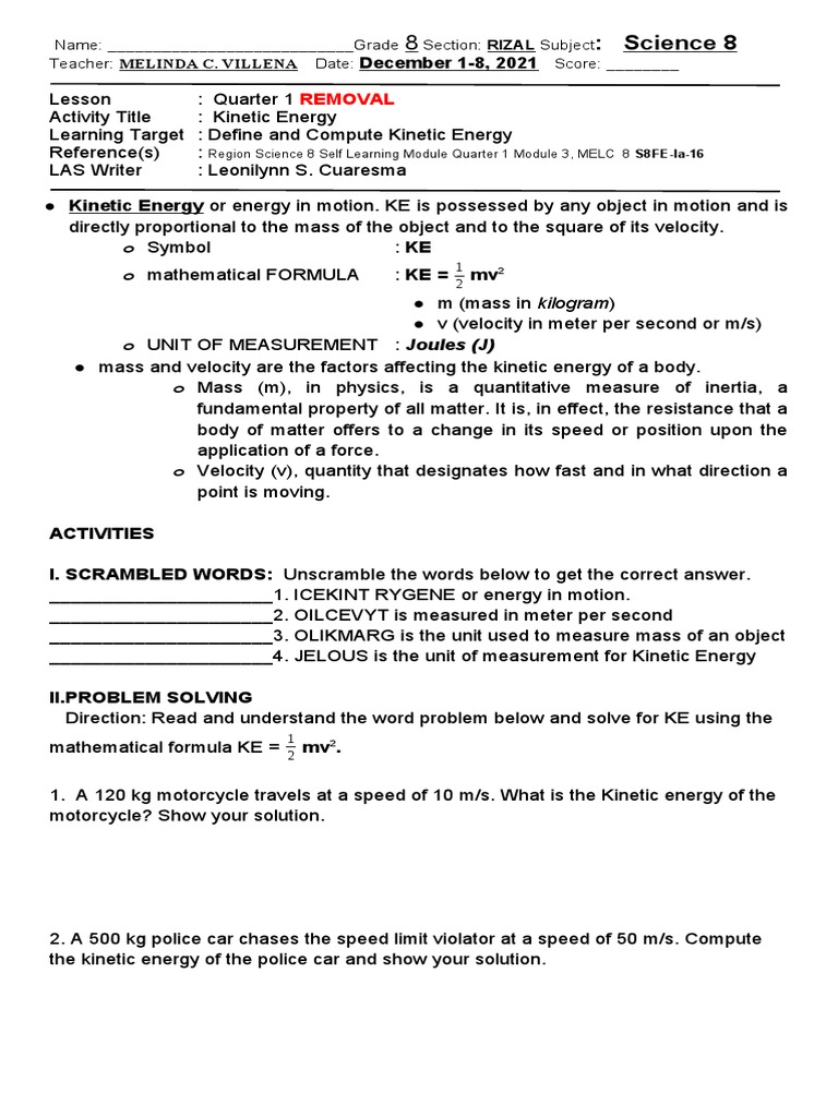 g8 Science q1 Removal | PDF | Teaching Methods & Materials | Technology ...